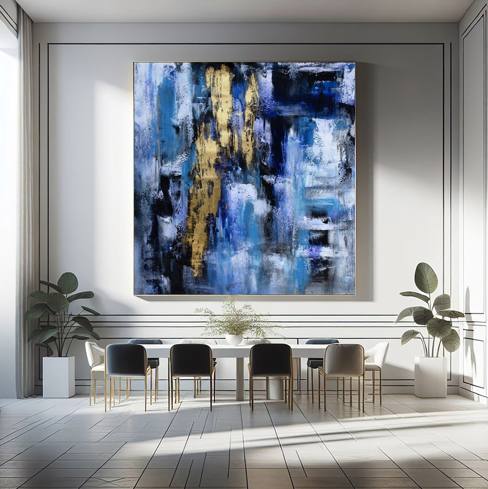 Extra Large Abstract Wall Art Decor Piece, Luxury Navy Blue and Gold ...