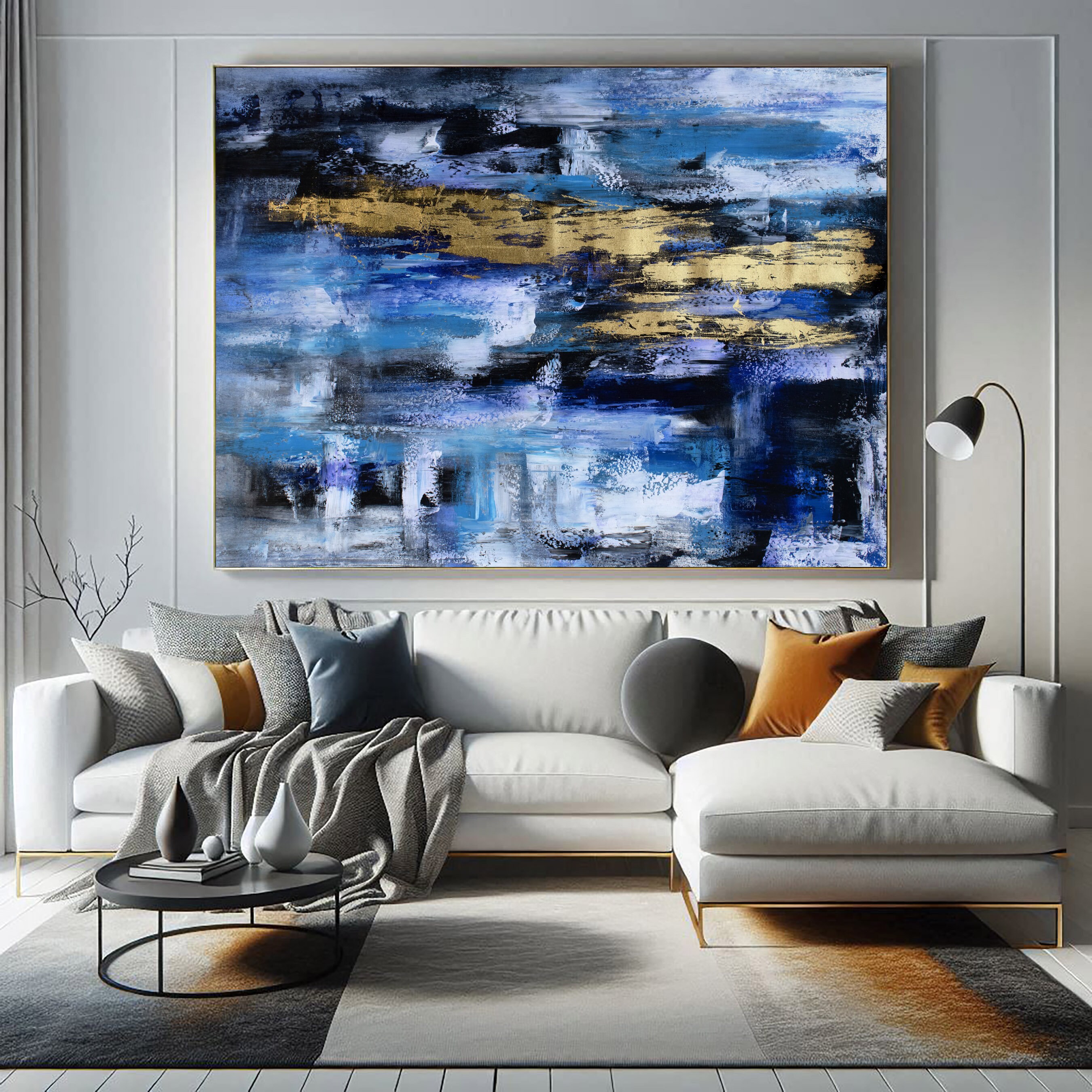 Extra Large Abstract Wall Art Decor Piece, Luxury Navy Blue and Gold ...