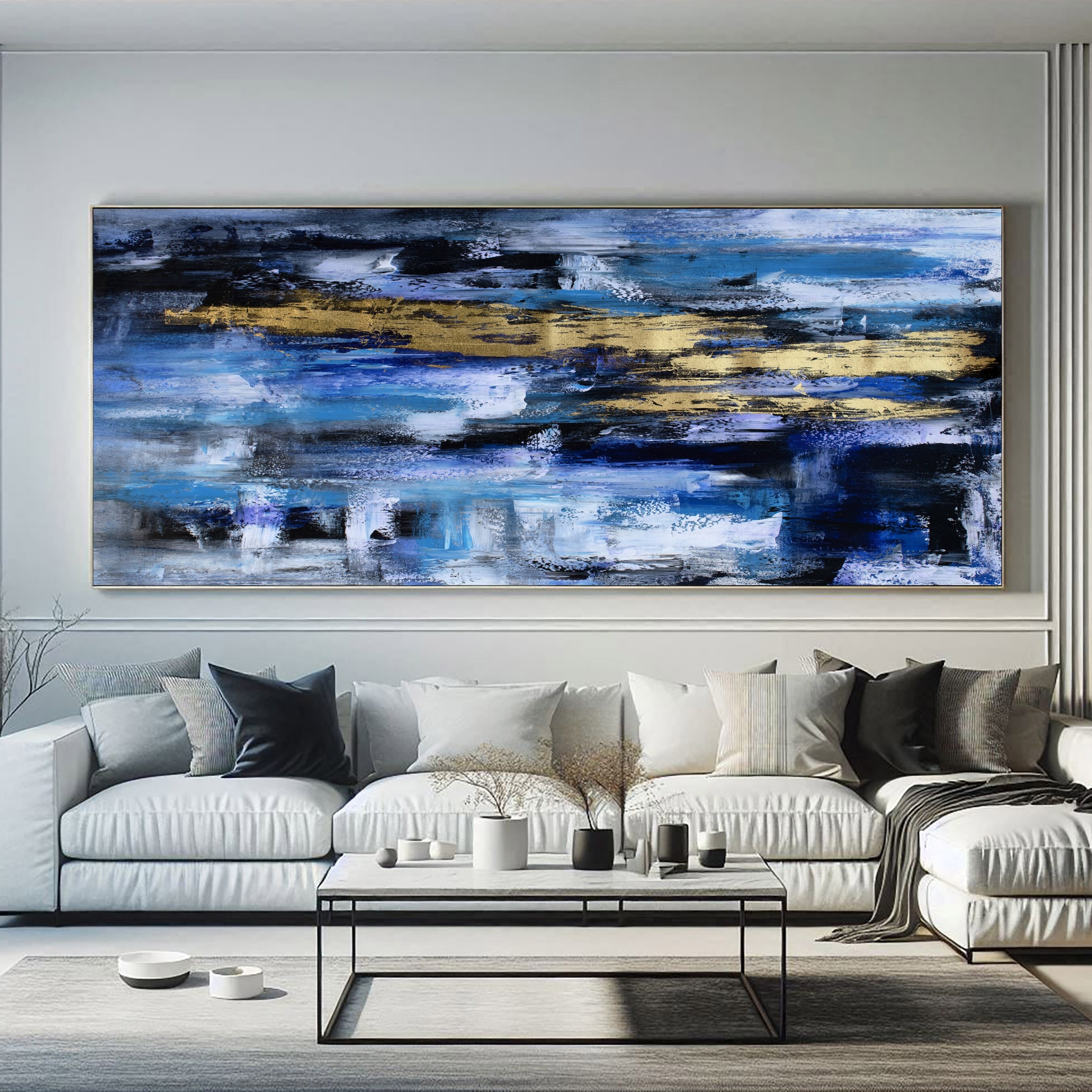 Extra Large Abstract Wall Art Decor Piece, Luxury Navy Blue and Gold ...