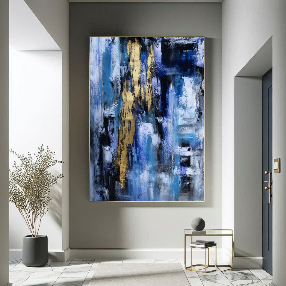 Extra Large Abstract Wall Art Decor Piece, Luxury Navy Blue and Gold ...