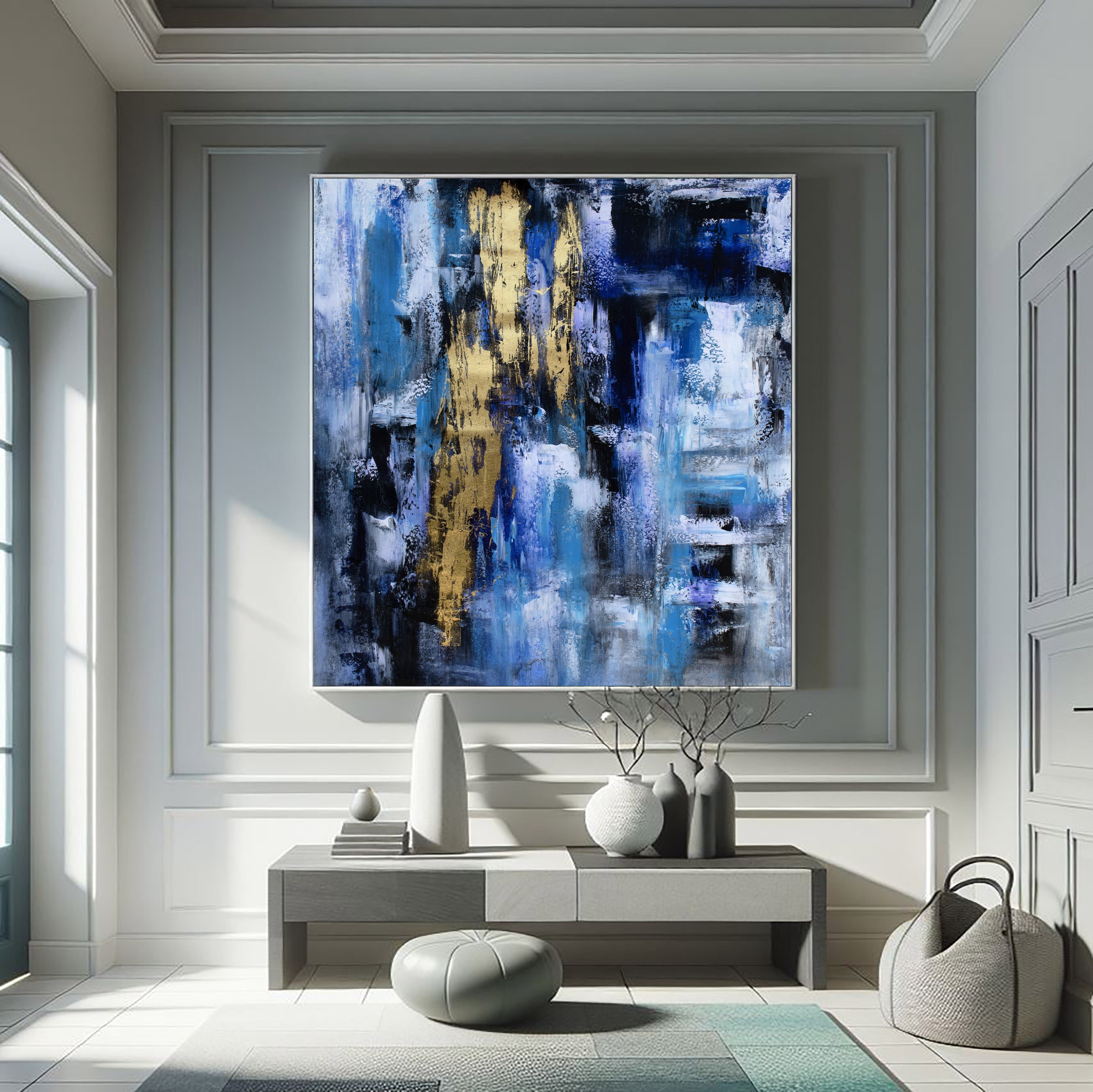 Extra Large Abstract Wall Art Decor Piece, Luxury Navy Blue and Gold ...
