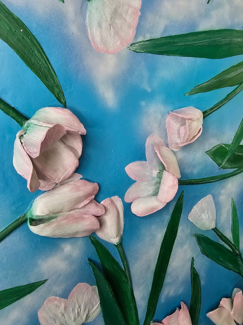 3D Tulip Bas-relief Artwork Gypsum and Air-dry Clay Acrylic Painting 19 ...