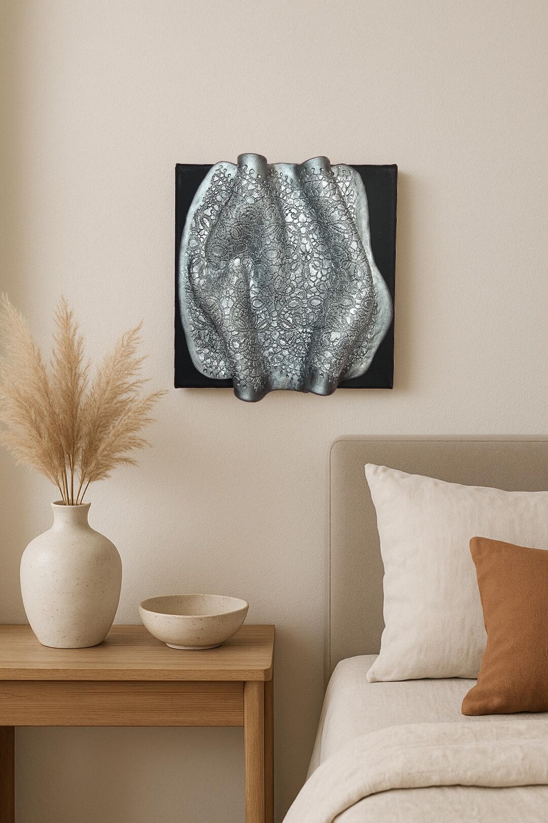 Silver Lace Texture 3D Wall Art on Canvas – Modern Relief Sculpture in ...