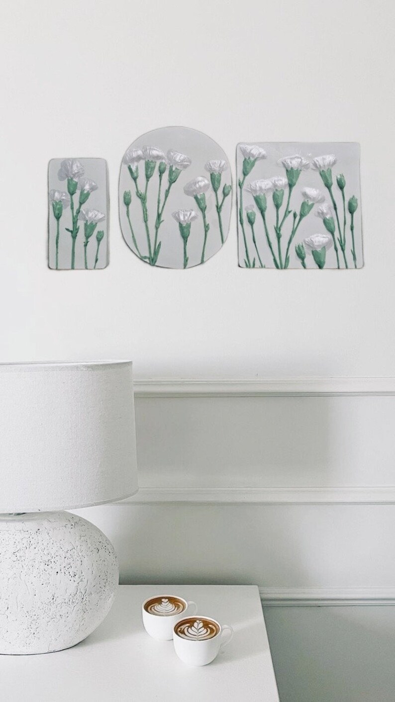 Handcrafted Botanical Bas-relief Carnation Triptych: Gypsum and Acrylic ...