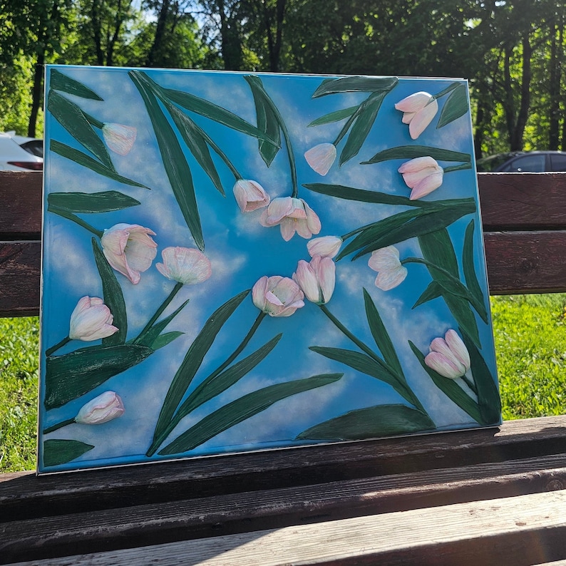 3D Tulip Bas-relief Artwork Gypsum and Air-dry Clay Acrylic Painting 19 ...