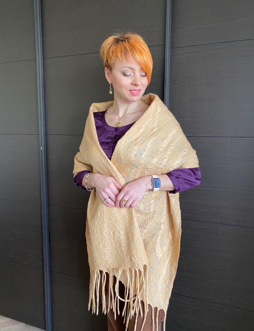 Designer Beige Long Stole, Handmade Felted Wool Silk Scarf, Exquisite ...