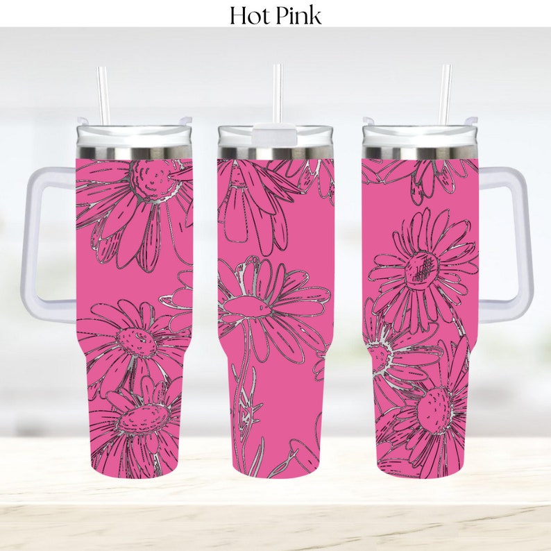 40oz Daisy Flowers Engraved Dupe Tumbler Seamless Full Wrap Cup Perfect T For Garden Lovers