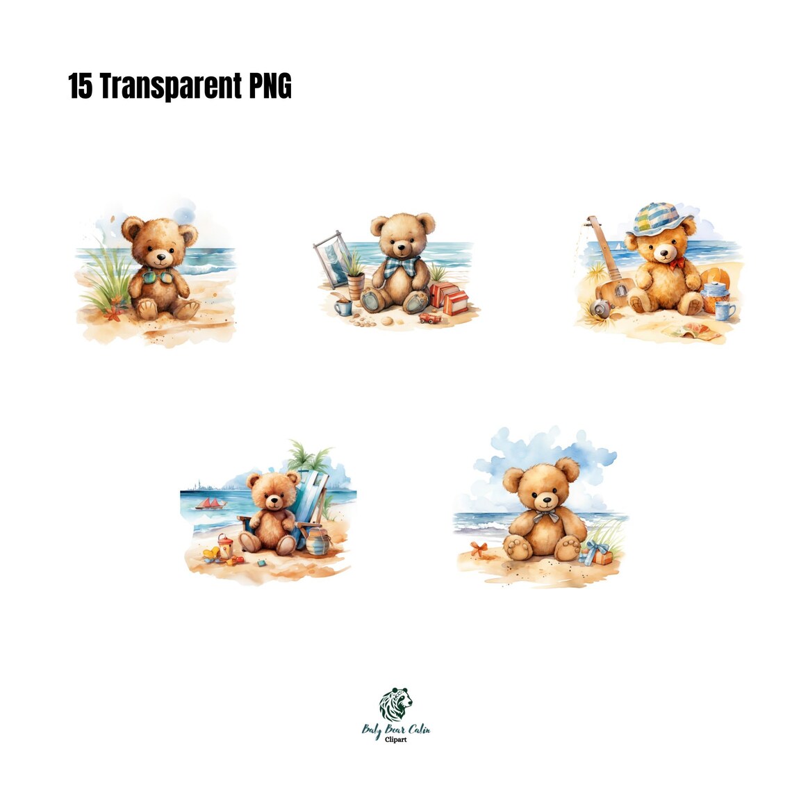 Beachy Bears, Watercolor, Teddy Bears, Beach, Commercial Use, Template ...