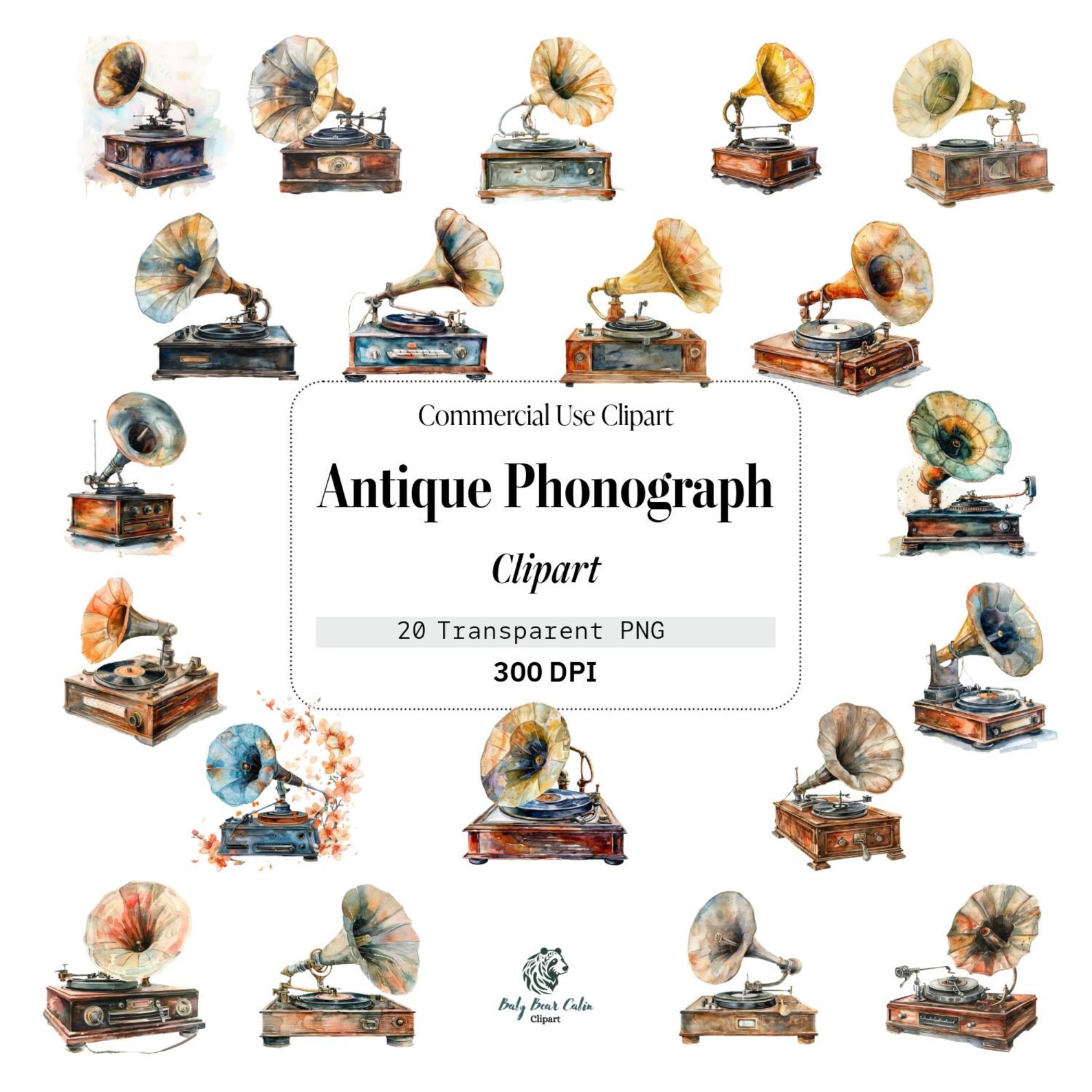 Watercolor Antique Phonograph, Watercolor, Compositions, Commercial Use ...