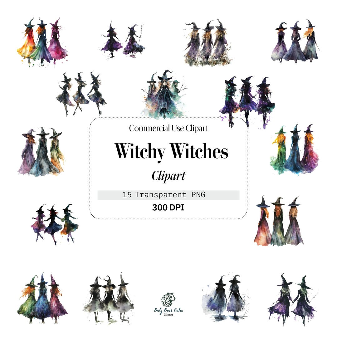 Witchy Witches Watercolor Clipart Set, Halloween PNG Graphics for ...