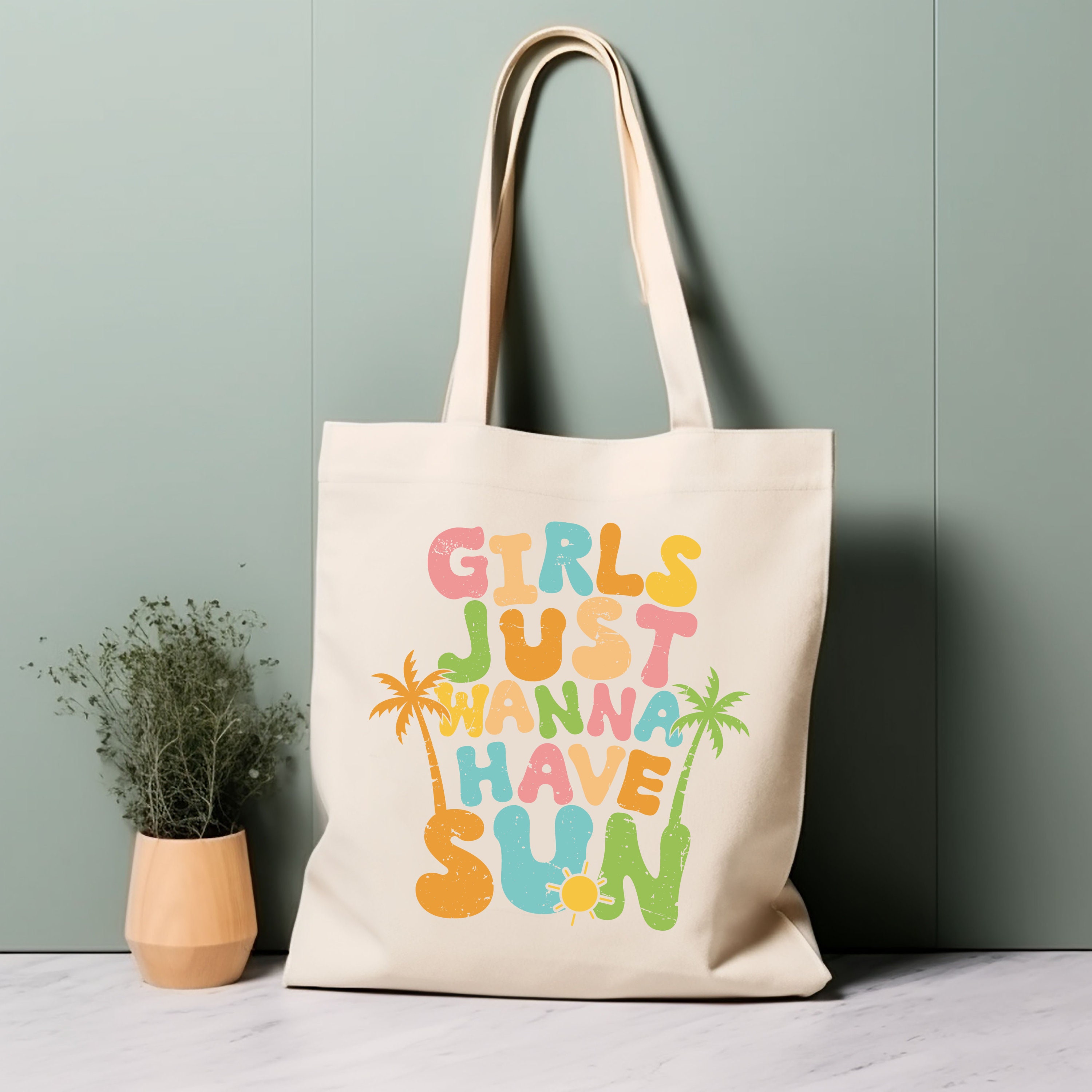 Cute Beach Tote Bag Coconut Girl Girls Just Wanna Have Sun Canvas Tote ...