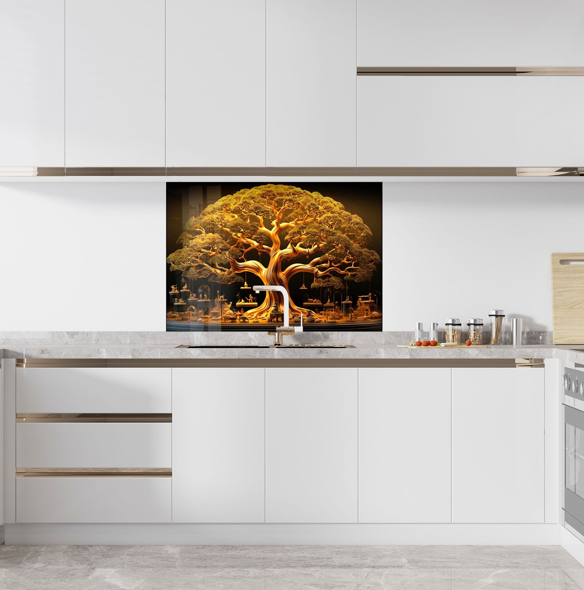 Tempered Glass Backsplash-stained Tree Backsplash for Kitchen ...