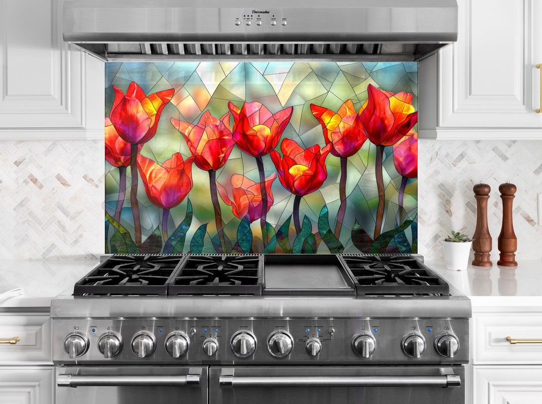 Tempered Glass Backsplash Tiles-floral Backsplash for Flower Splashback ...