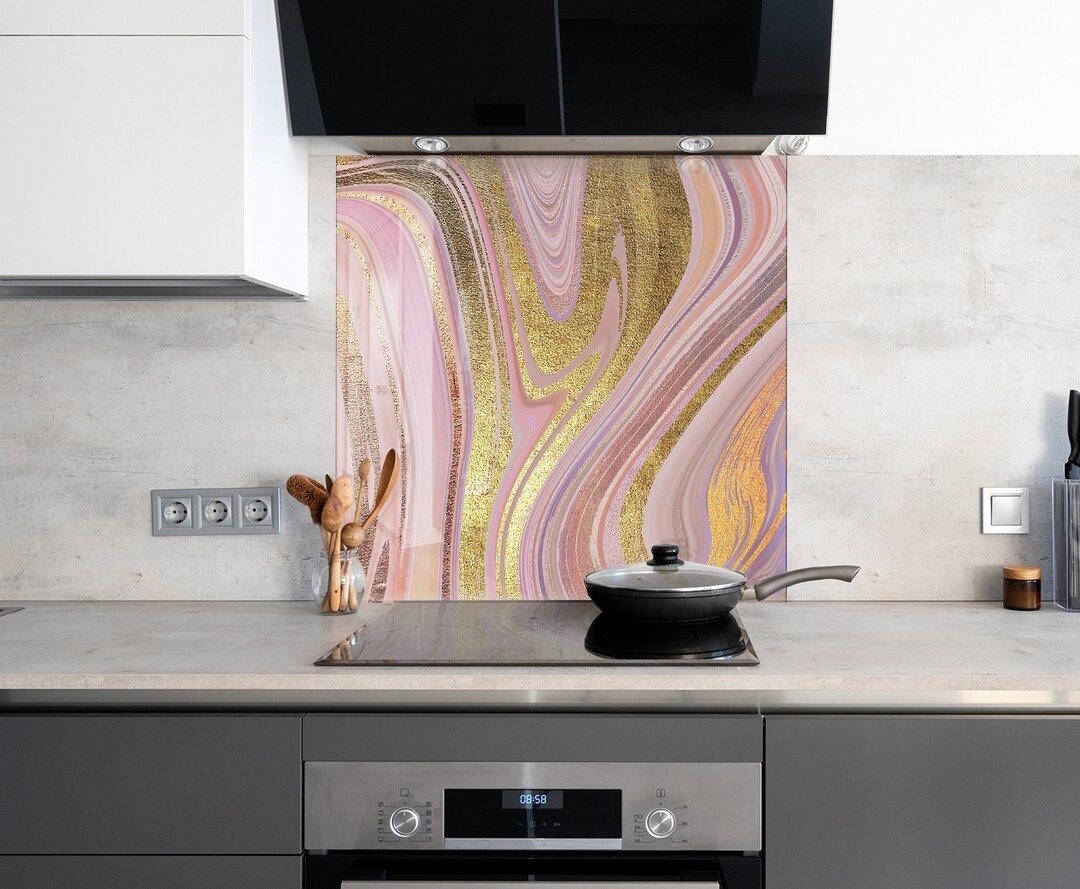 Tempered Glass Backsplash Tiles Gold Abstract Backsplash for Kitchen ...