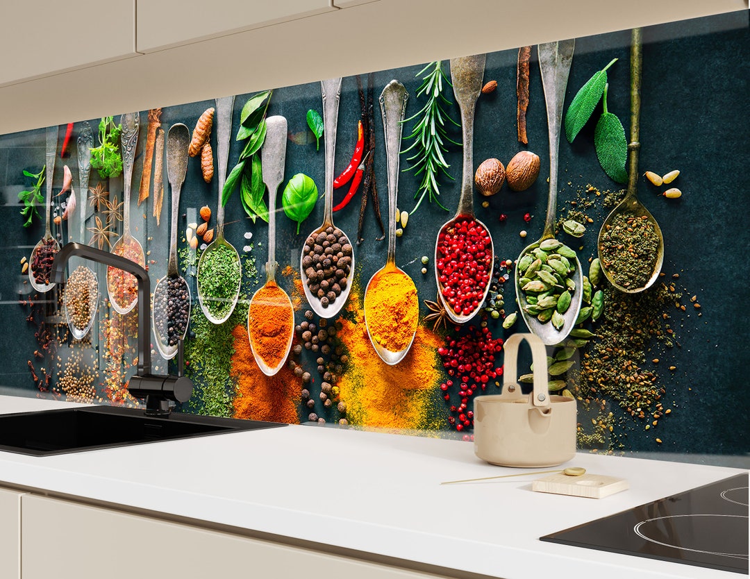 Tempered Glass Backsplash Spices Backsplash for Kitchen Herbs ...