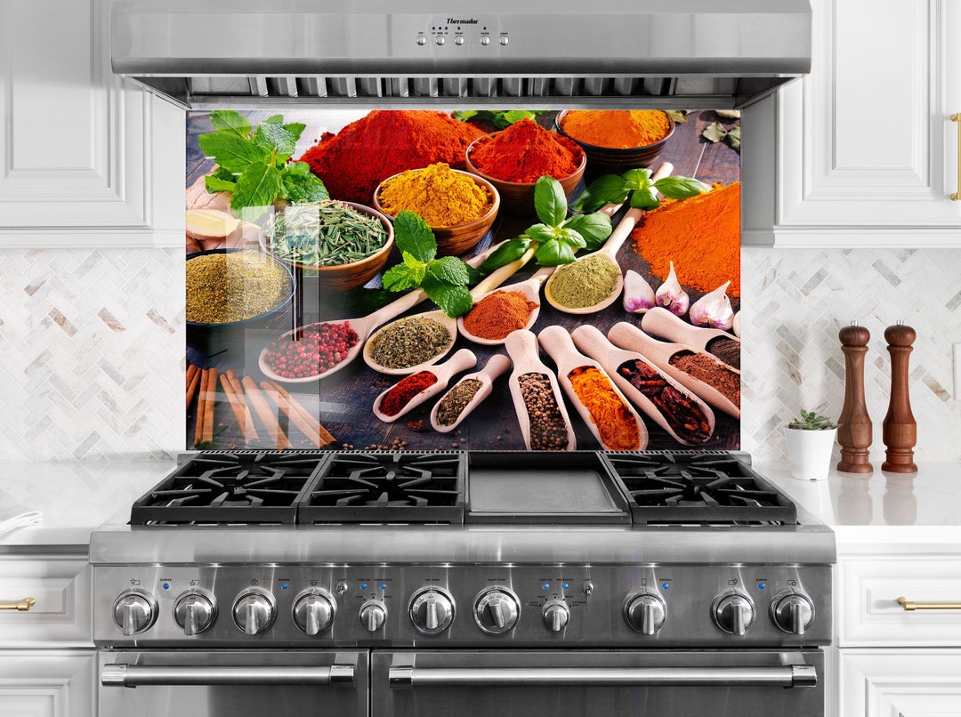 Tempered Glass Backsplash Spices Backsplash for Kitchen Herbs ...