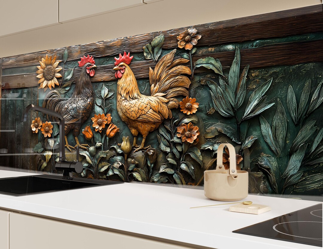 Farm Rooster Kitchen Splashback – Colorful Glass Stove Backsplash, Heat ...