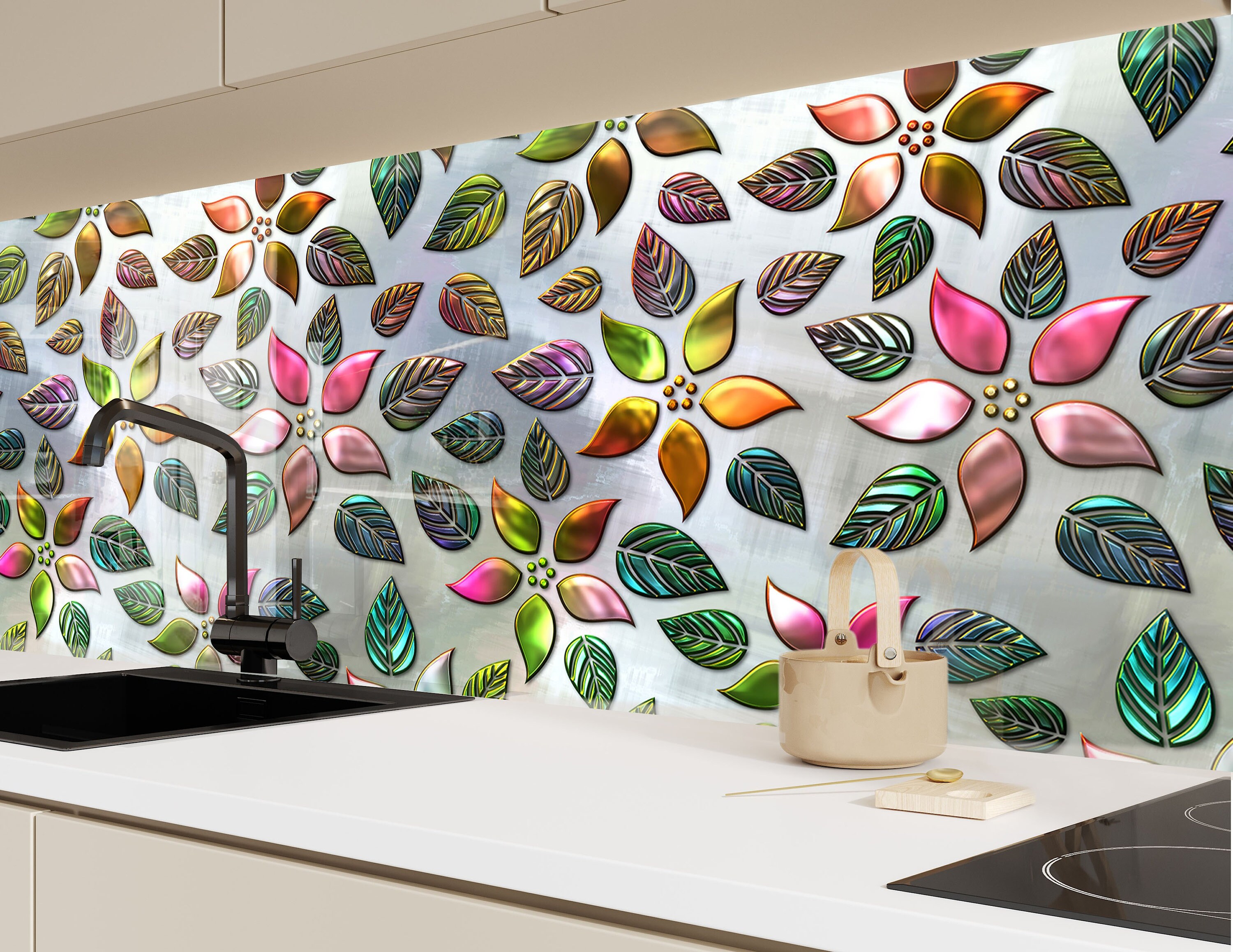 Tempered Glass Backsplash Tiles-leaves Backsplash for Kitchen Splashback Stove Back Cover-sink ...