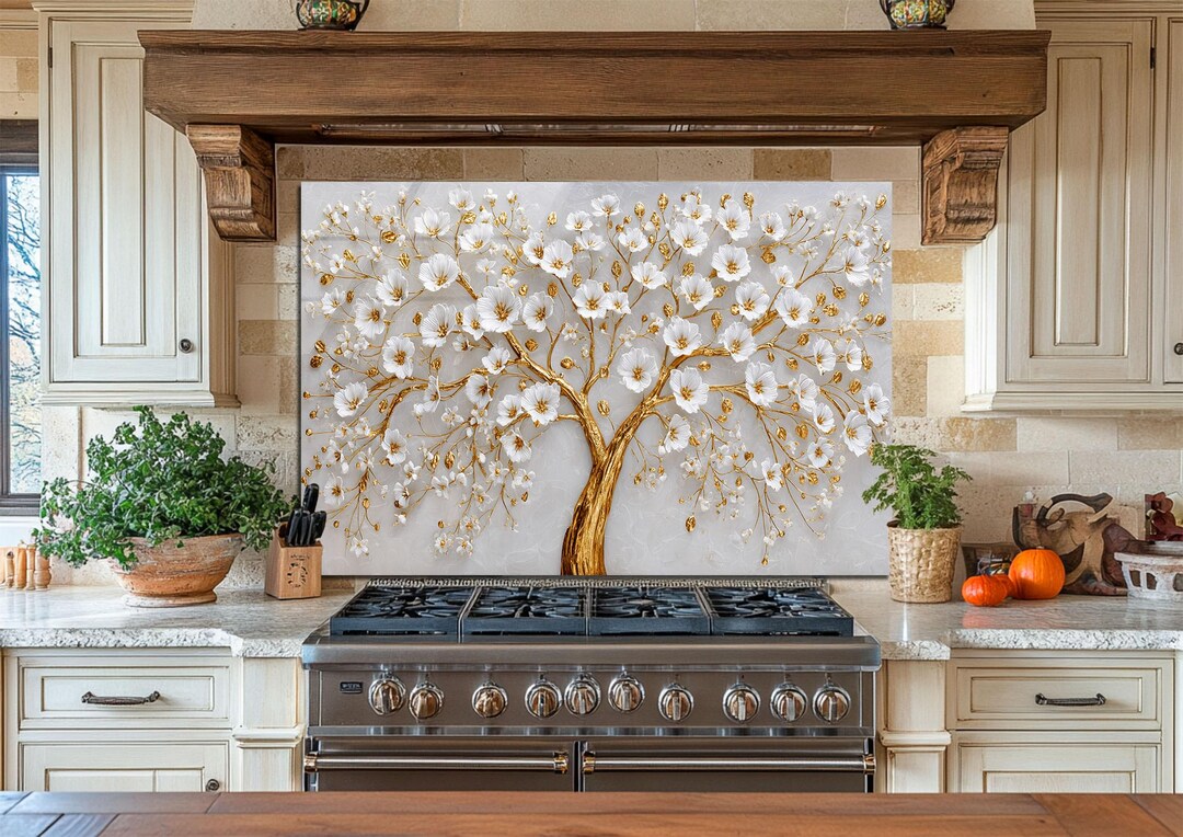 Golden Blossom Tree Glass Backsplash, White Floral Kitchen Wall Art ...