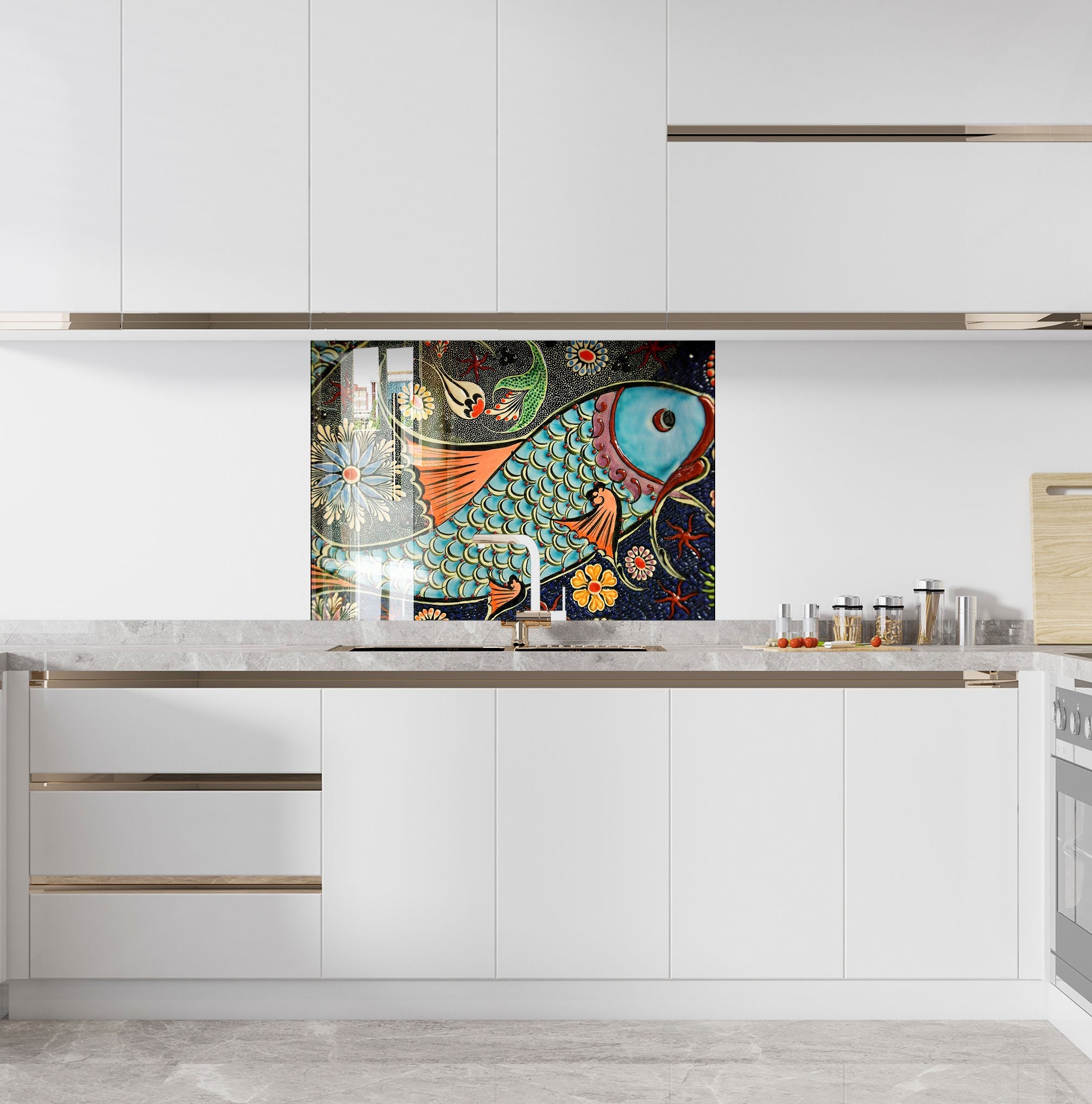 Tempered Glass Backsplash Mosaic Fish Backsplash for Kitchen Splashback ...