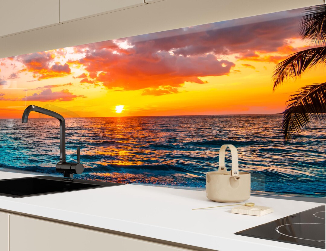 Sunset Ocean Tempered Glass Backsplash: Tropical Beach Kitchen Decor - Etsy