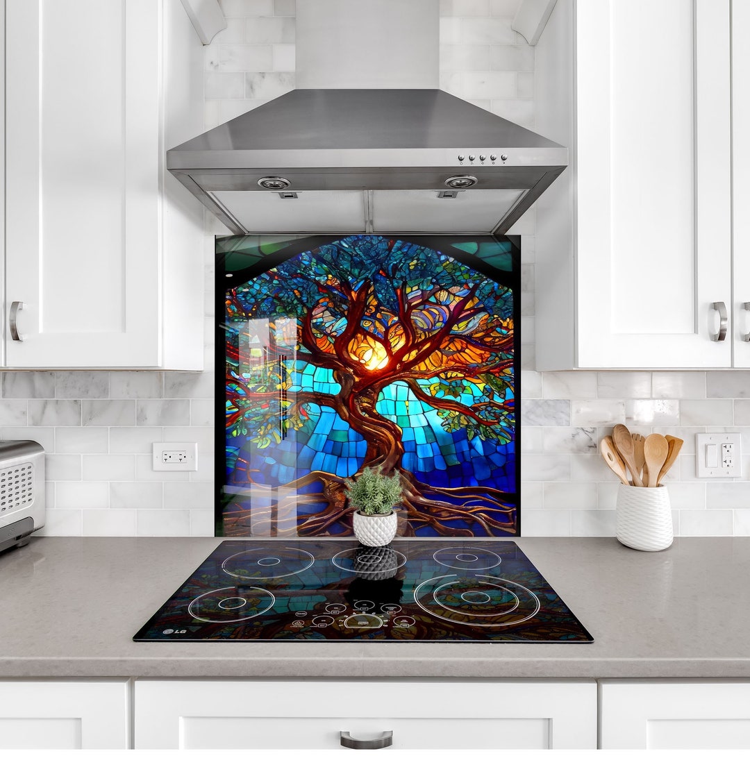 Tempered Glass Backsplash-stained Tree Backsplash for Kitchen ...