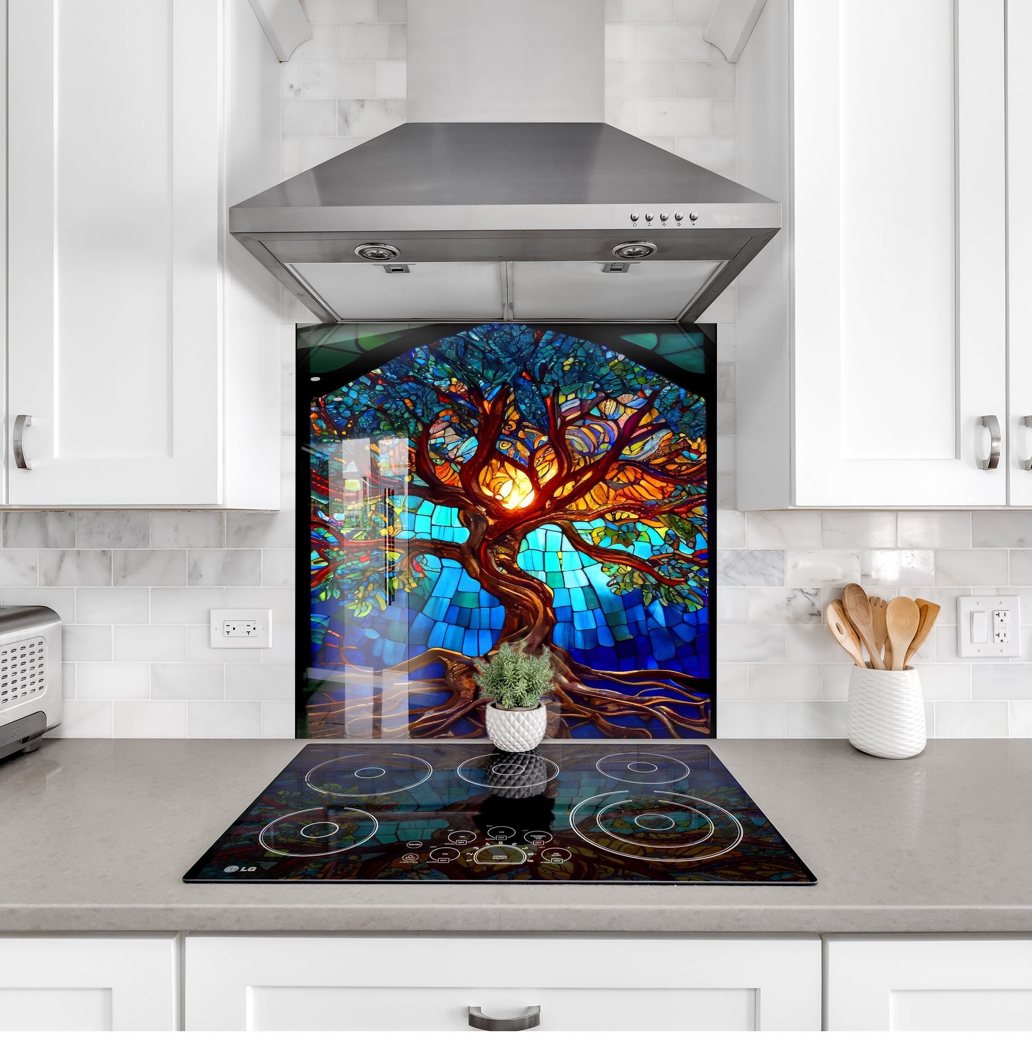 Tempered Glass Backsplash-stained Tree Backsplash for Kitchen ...