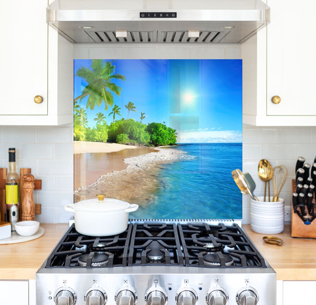 Tempered Glass Backsplash Tropical Backsplash for Sea Waves Tropical ...
