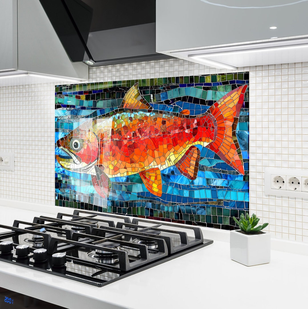 Tempered Glass Backsplash Mosaic Fish Backsplash for Kitchen Splashback ...