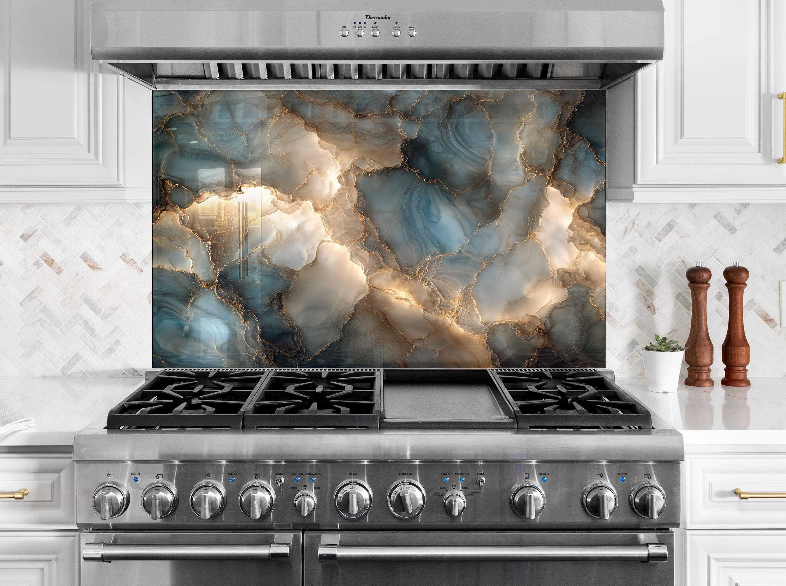 Blue Agate Glass Kitchen Backsplash: Marble Stone Effect Glass ...