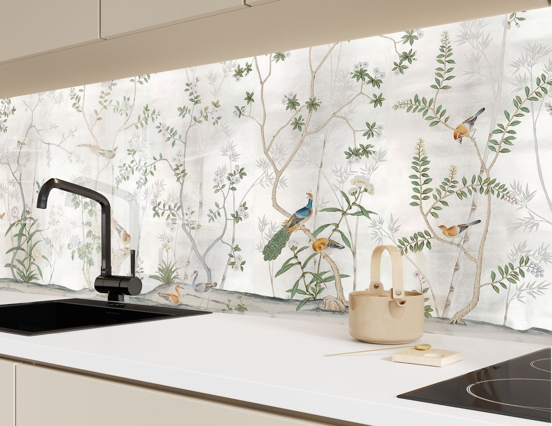 Tempered Glass Backsplash Tiles-flower Backsplash for Birds Splashback ...