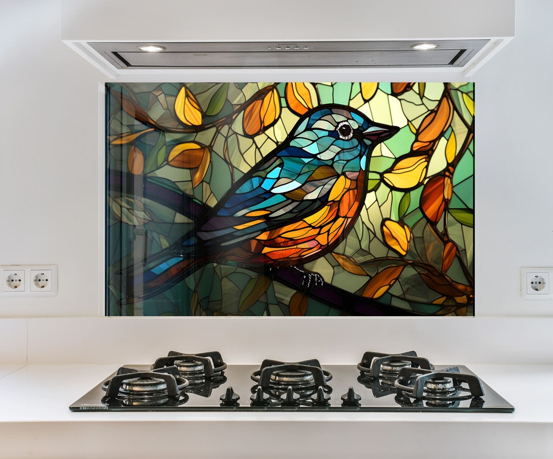 Tempered Glass Backsplash Tiles-stained Bird Backsplash for Kitchen ...