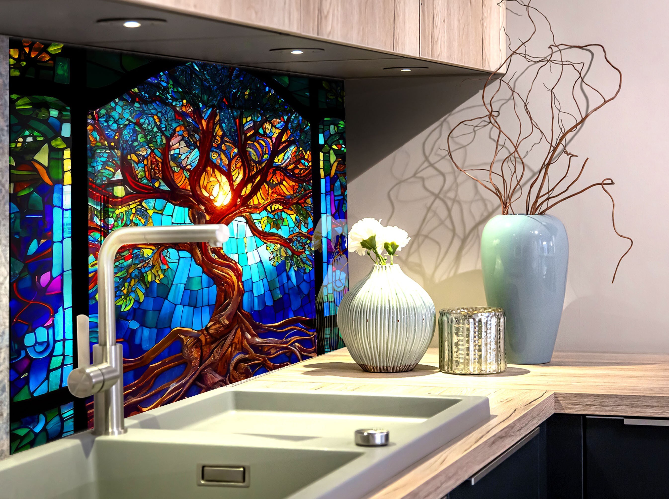 Tempered Glass Backsplash-stained Tree Backsplash for Kitchen ...