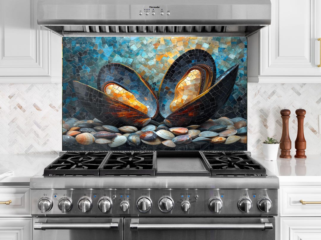 Mosaic Mussel Tempered Glass Kitchen Backsplash: Cooker Wall Panel - Etsy