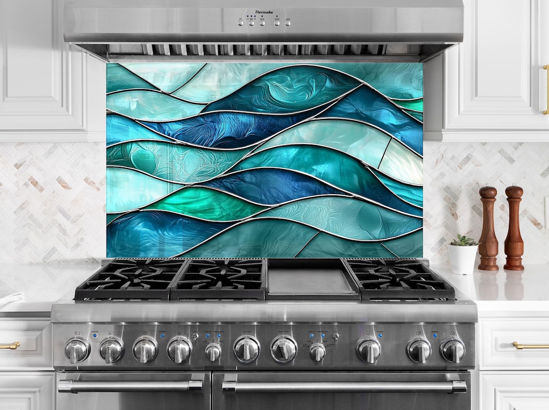 Blue Ocean Wave Tempered Glass Backsplash: Heat Resistant Kitchen ...