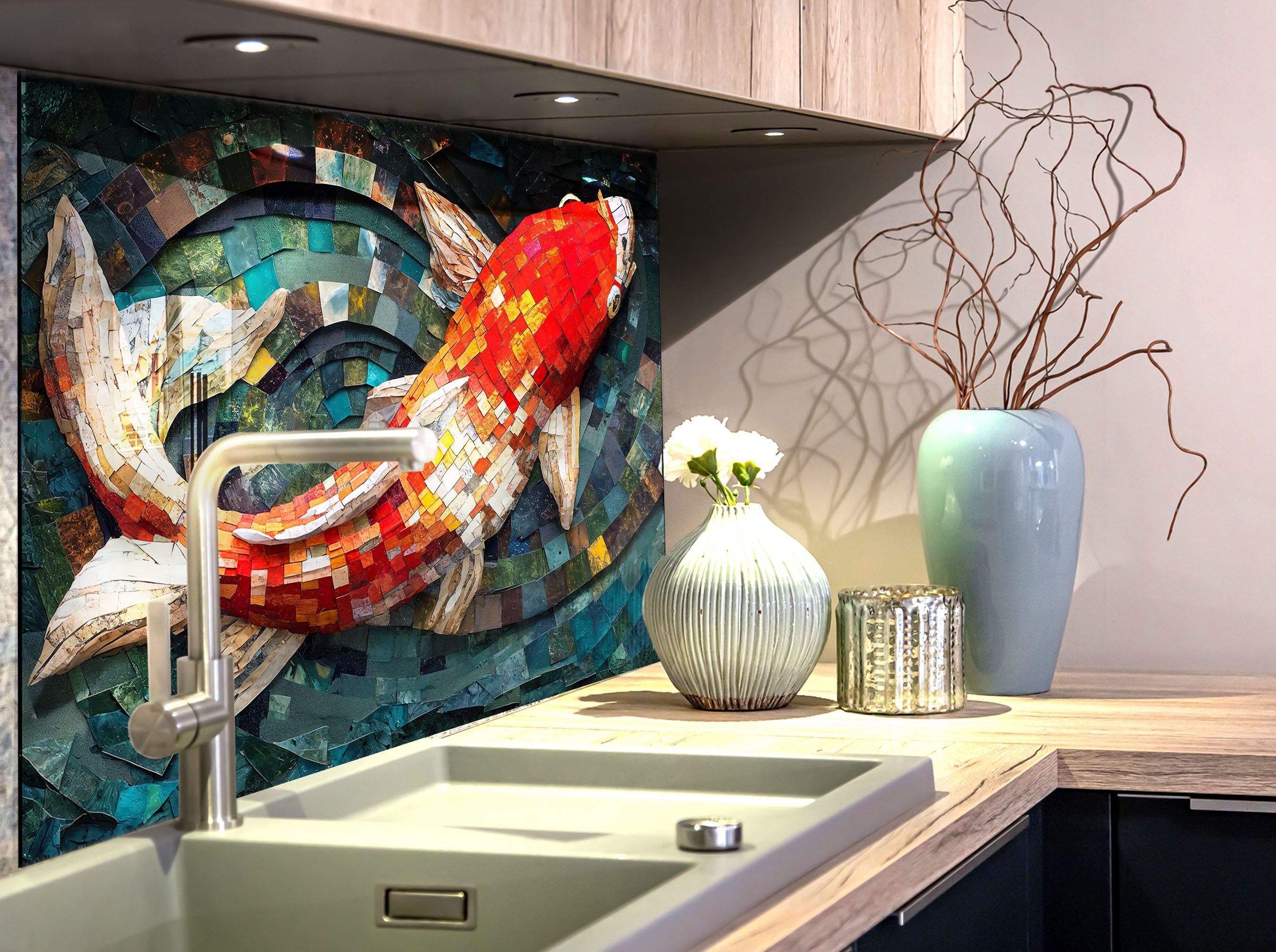 Tempered Glass Backsplash Mosaic Fish Backsplash for Kitchen Splashback ...