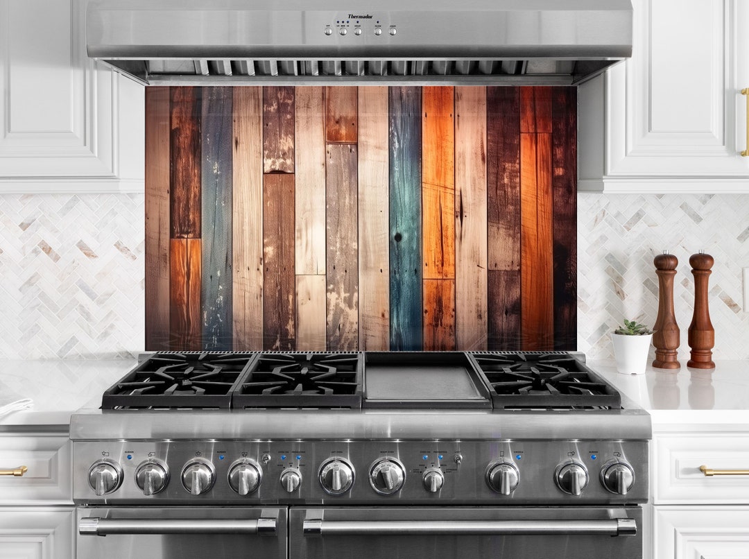Wood Rustic Backsplash Solid Tempered Glass Wall Protection, Kitchen ...