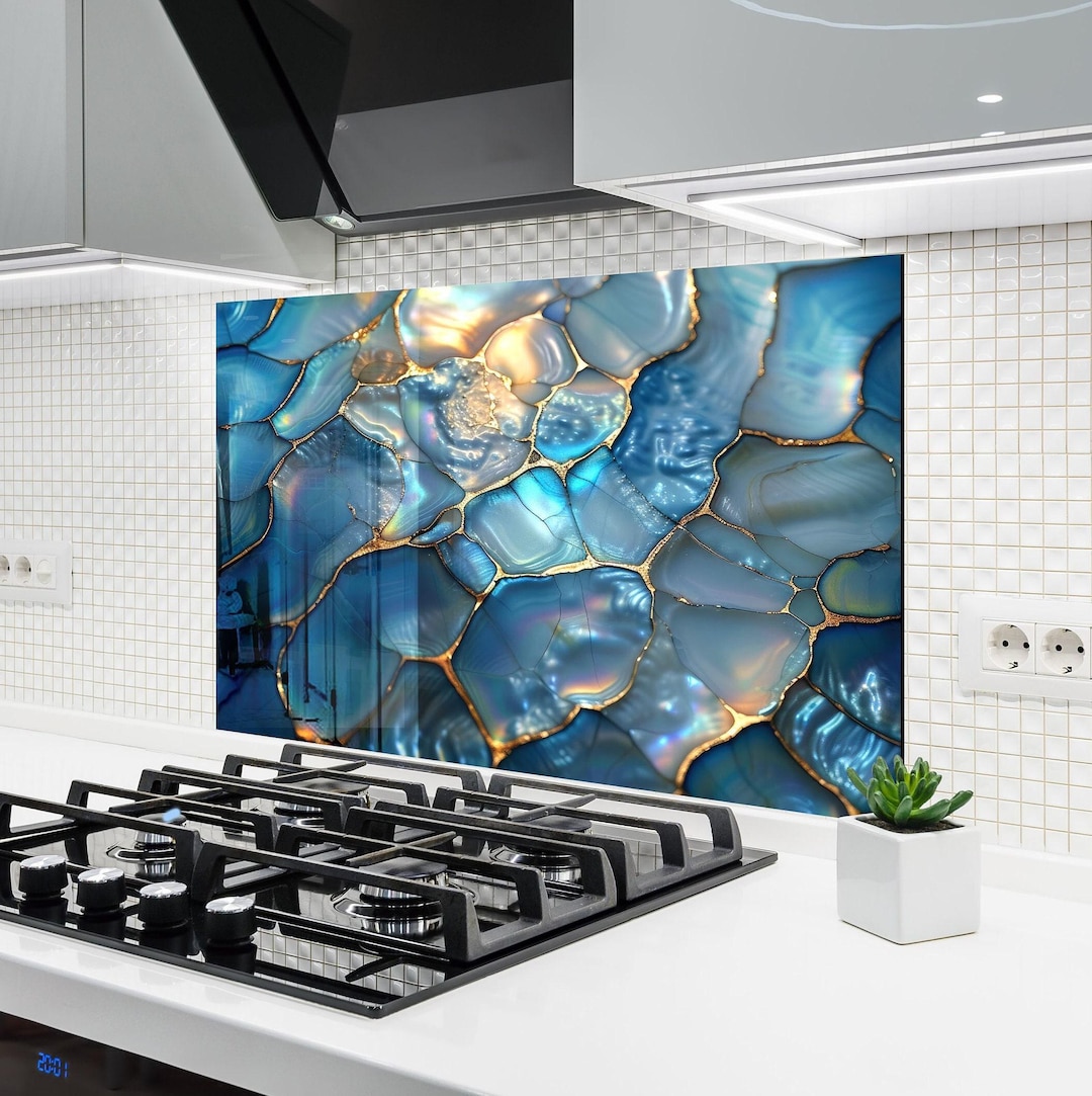 Blue Stained Tempered Glass Kitchen Backsplash: Heat Resistant Cooker ...