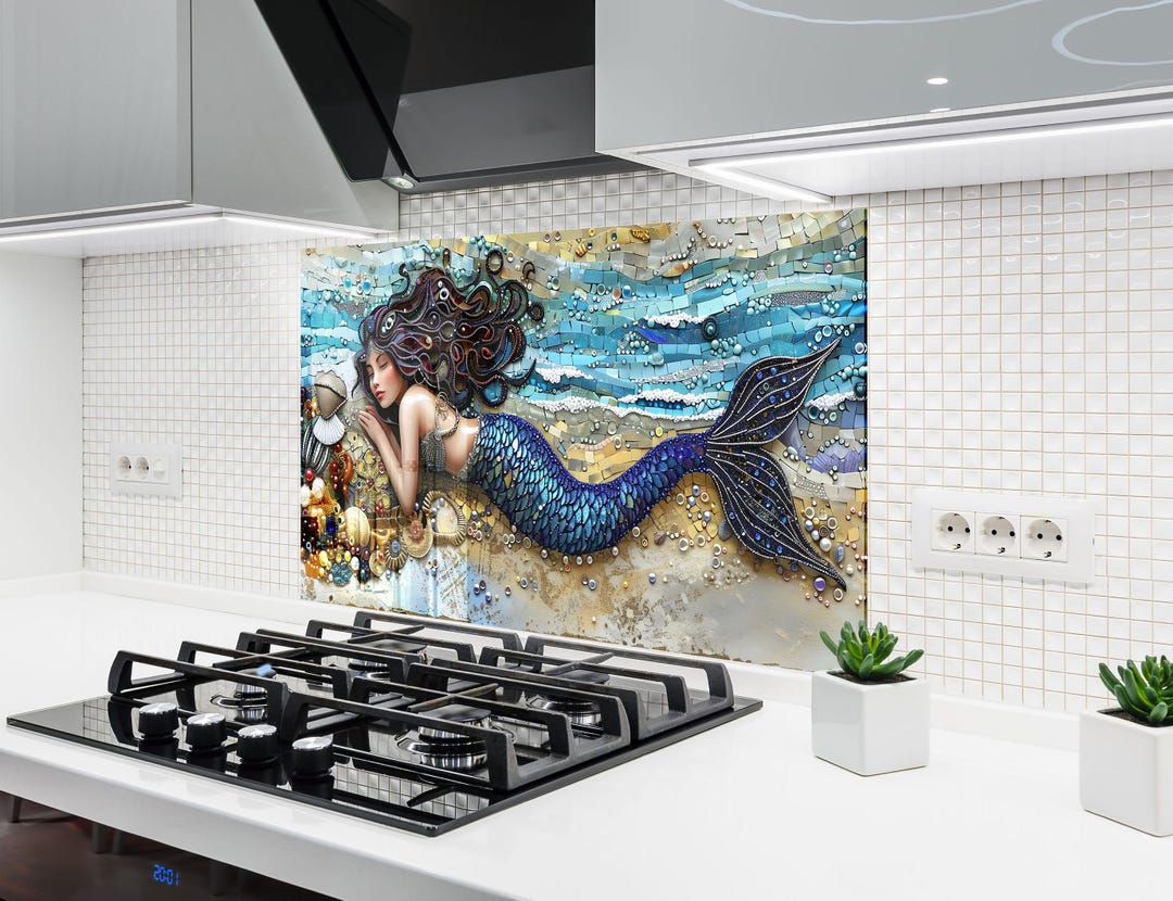 Tempered Glass Backsplash Tiles-mermaid Backsplash for Kitchen ...