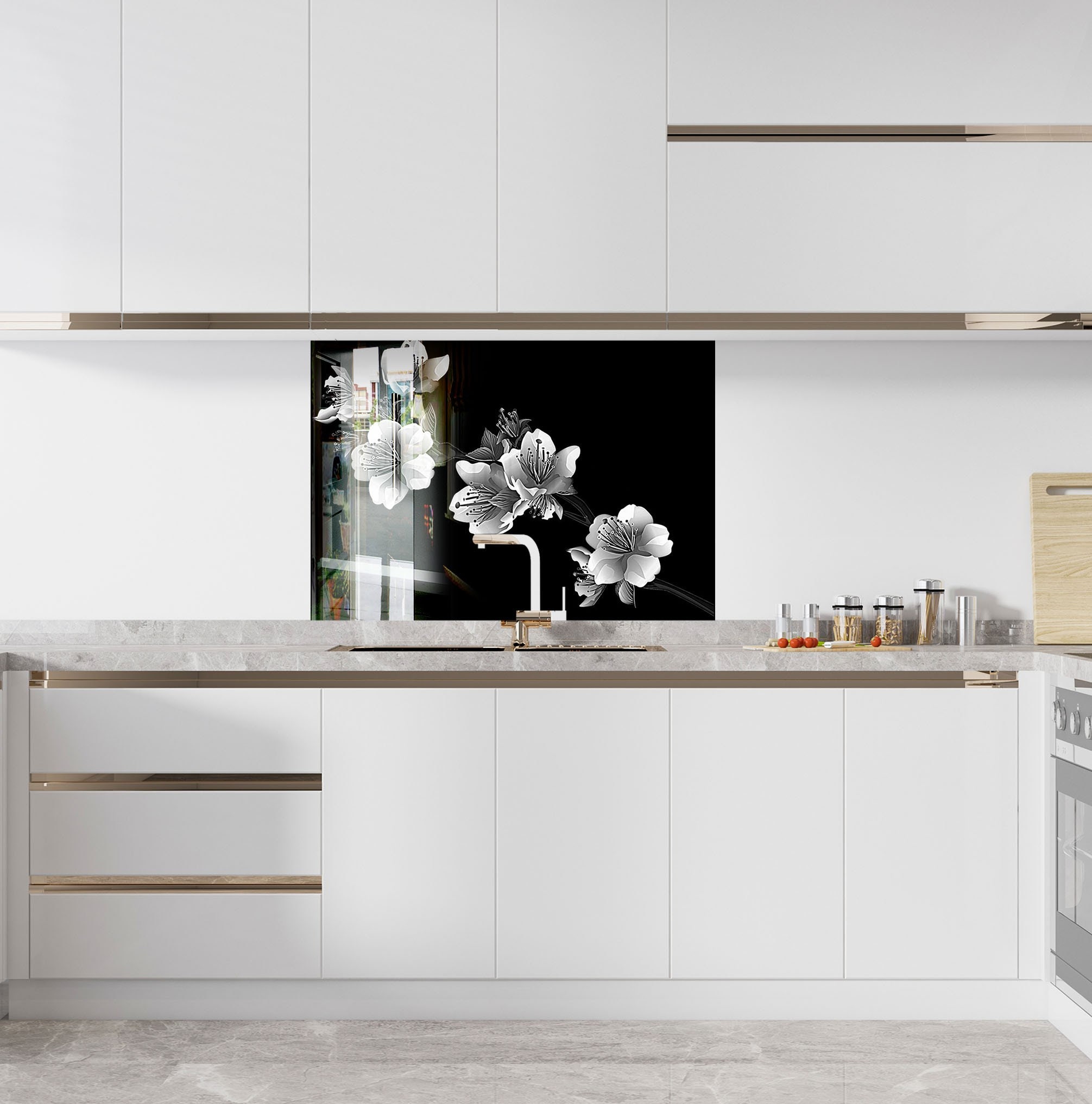 Tempered Glass Floral Backsplash Design-glass Splashback for Kitchen ...