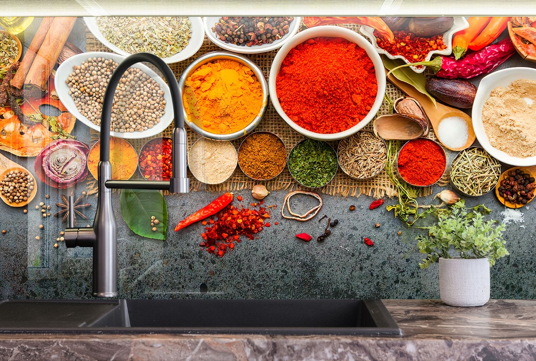 Tempered Glass Backsplash Tiles-spices Backsplash for Kitchen Herbs ...