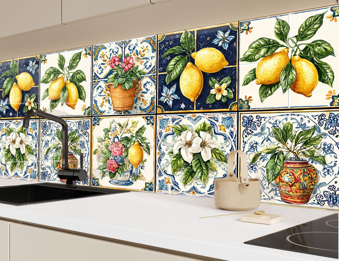 Lemon Floral Tile Glass Backsplash – Mediterranean Citrus Wall Art ...