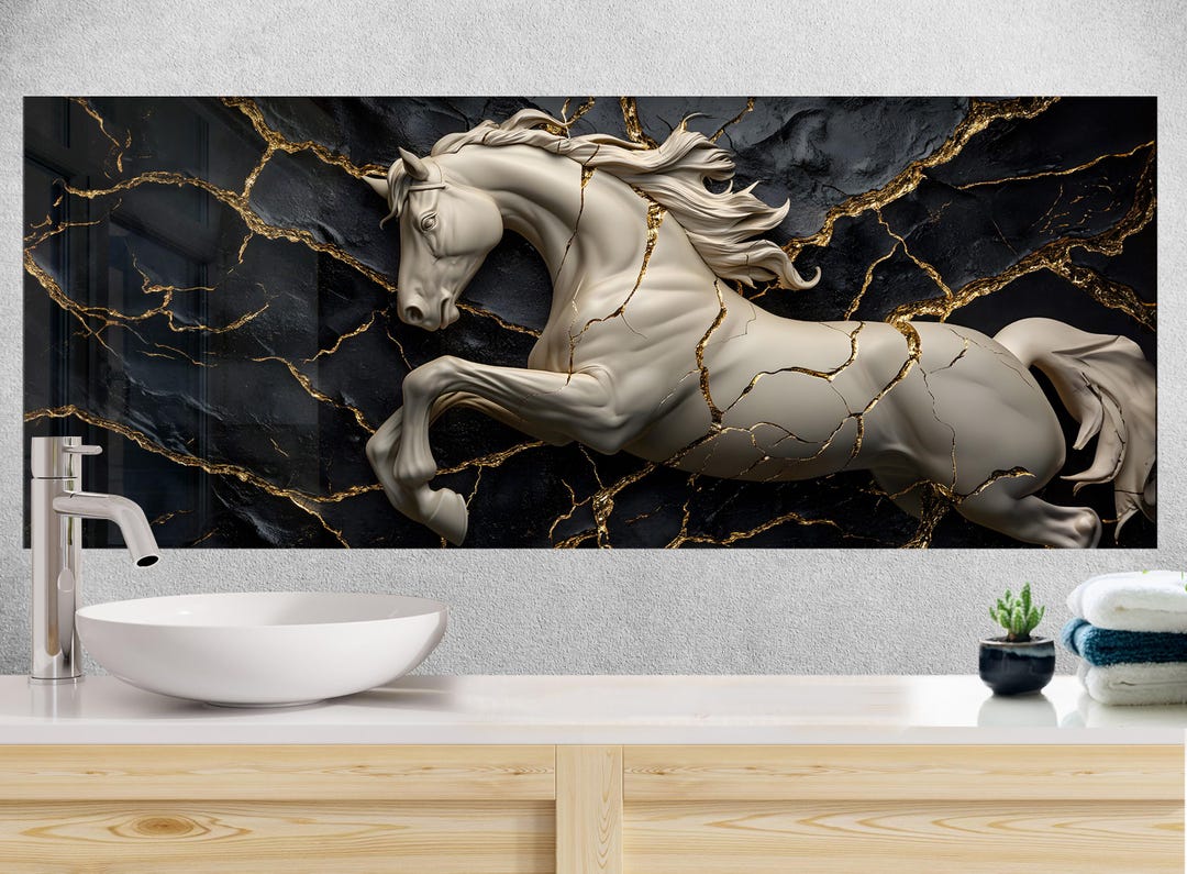 Horse Tempered Glass Kitchen Backsplash: Black Marble Stove Splashback ...
