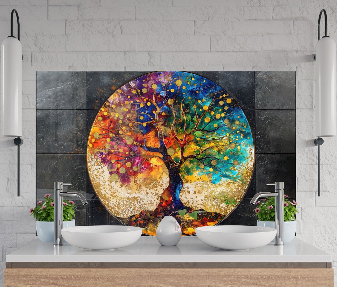 Tempered Glass Backsplash-stained Tree Backsplash for Kitchen ...