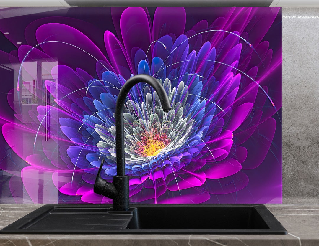 Tempered Glass Backsplash, Flower Backsplash for Kitchen Floral ...