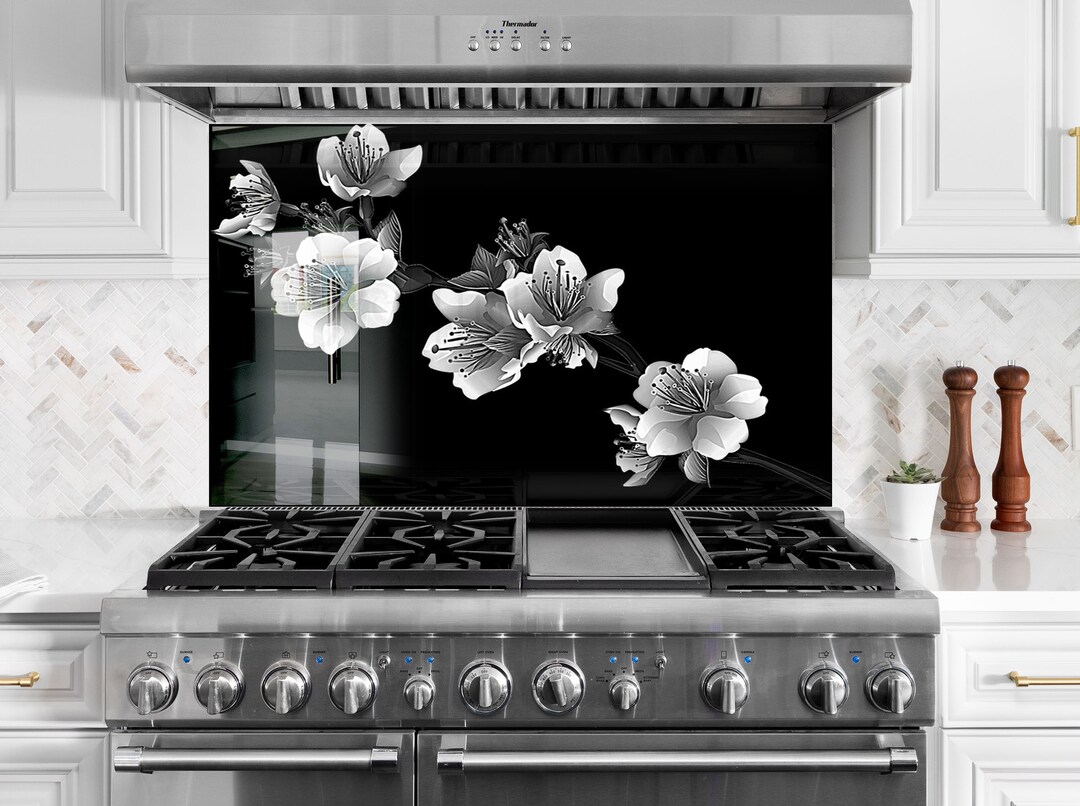 Tempered Glass Floral Backsplash Design-glass Splashback for Kitchen ...