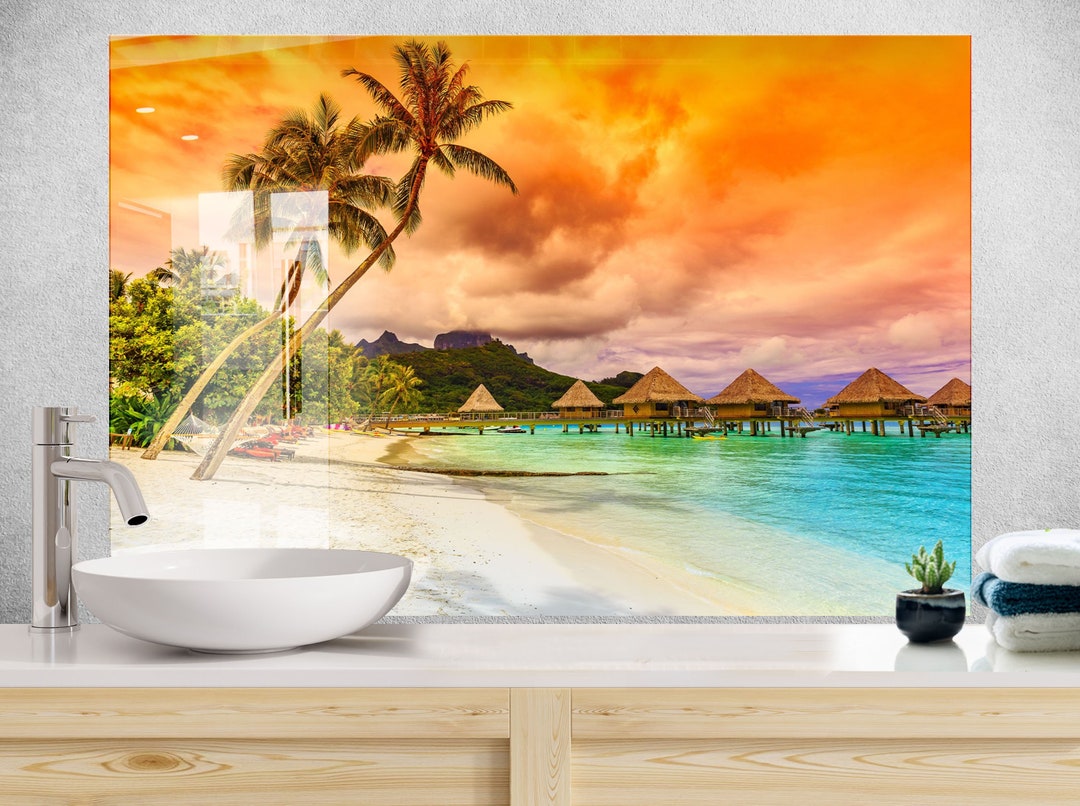 Tropical Backsplash Tile-solid Tempered Glass Wall Protection-kitchen ...