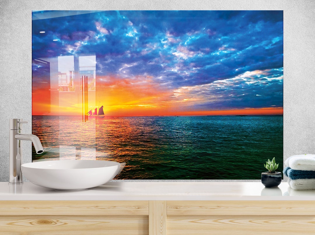 Tempered Glass Backsplash Tiles-sunset Backsplash for Ocean Splashback ...