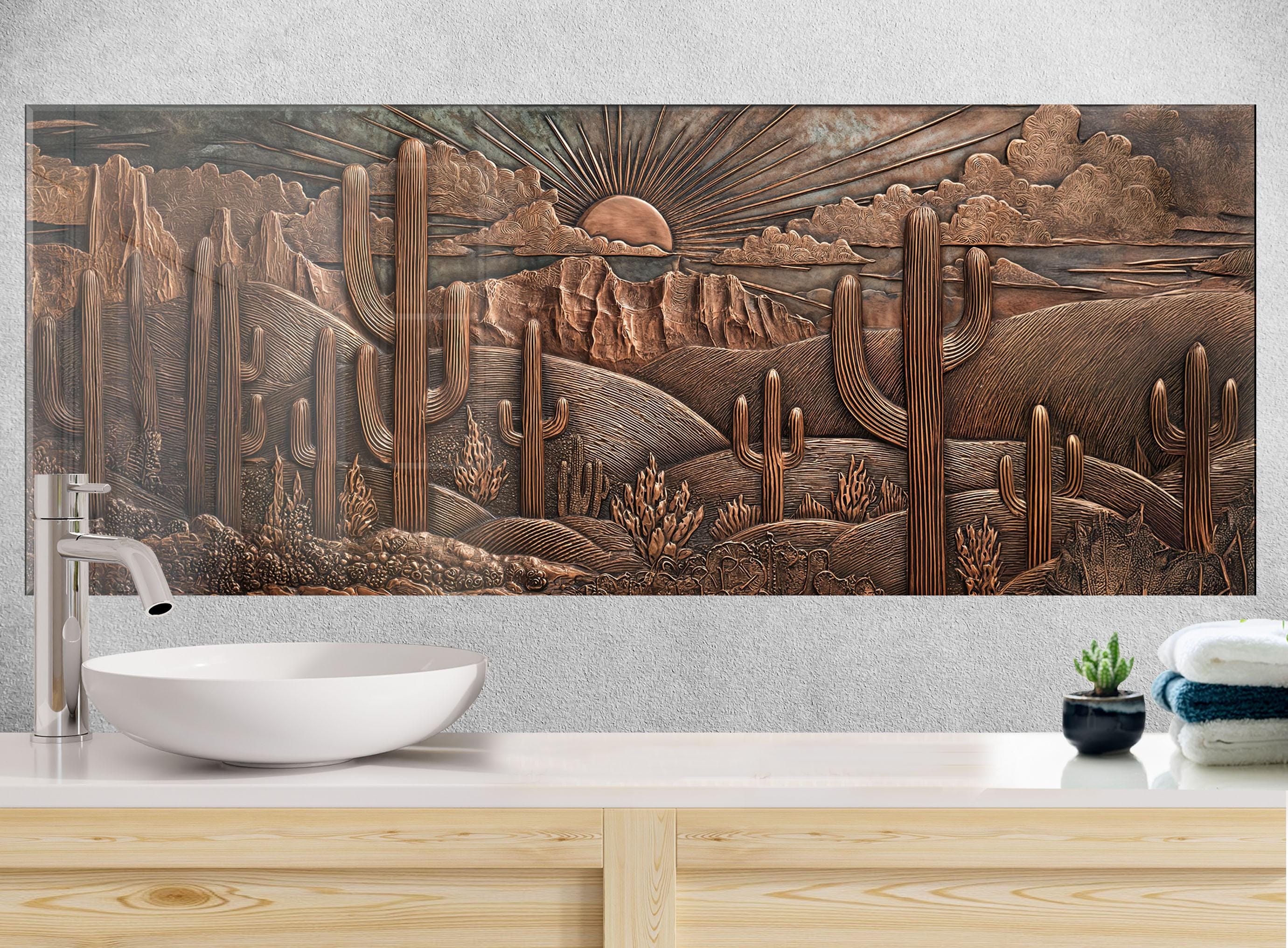 Desert Sunset Glass Backsplash – Bronze Cactus Wall Art, Western ...