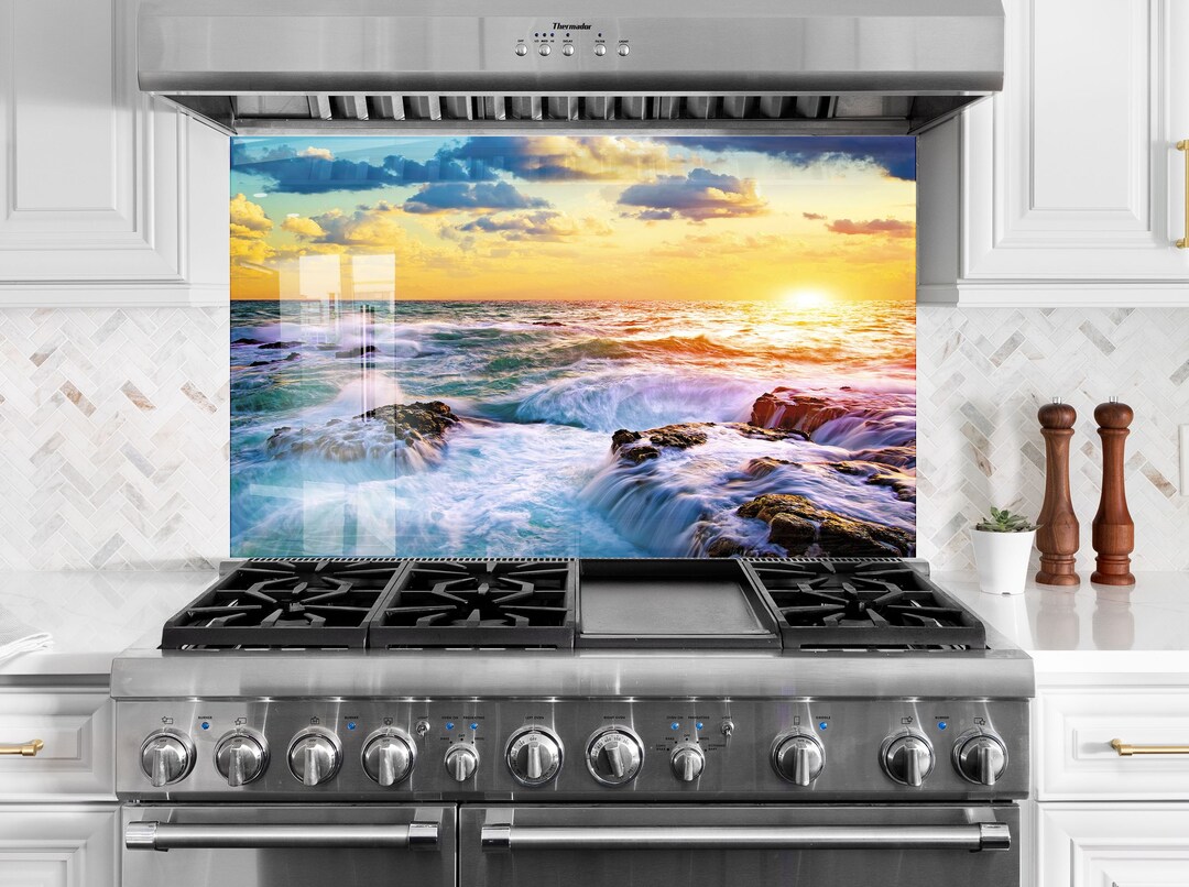 Tempered Glass Backsplash Tiles-sunset Backsplash for Ocean Splashback ...